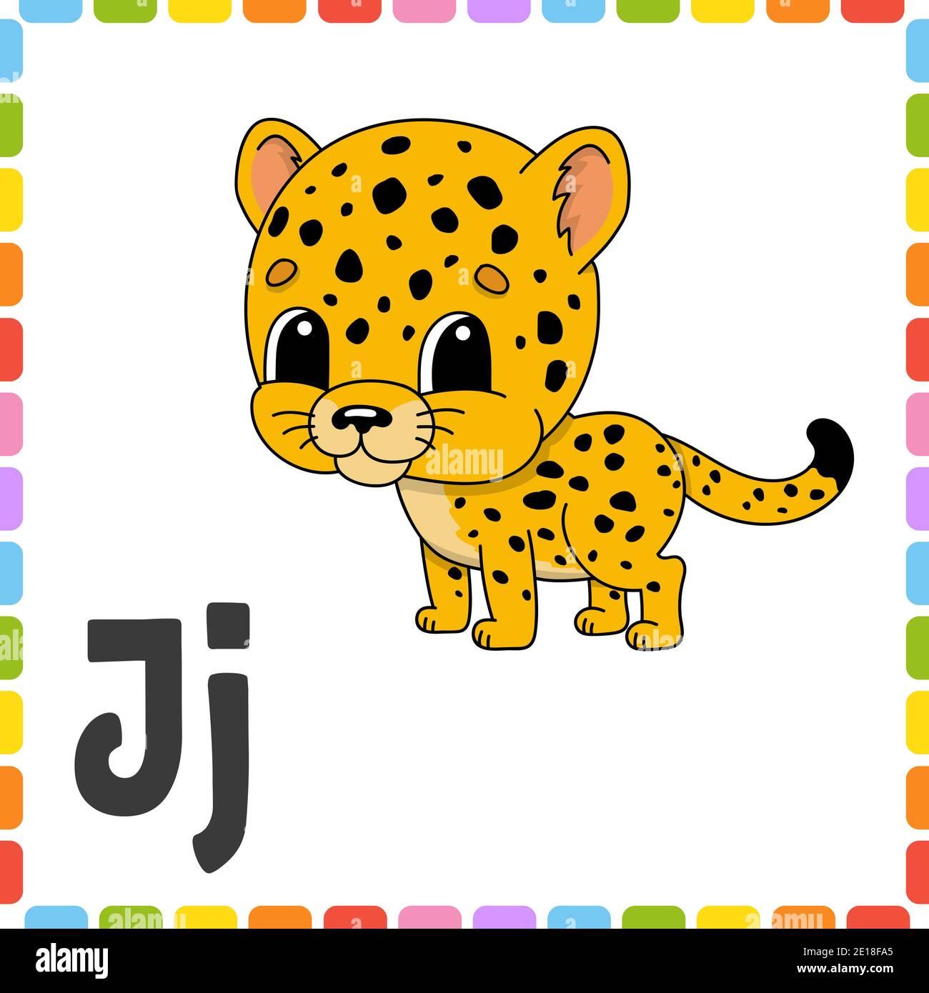Funny alphabet. Letter J - jaguar. ABC square flash cards. Cartoon ...