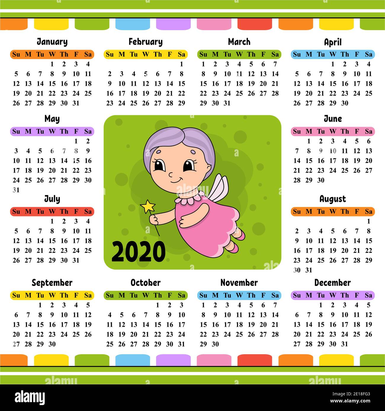 Fairy godmother flies and holds a magic wand. Calendar for 2020 with a ...