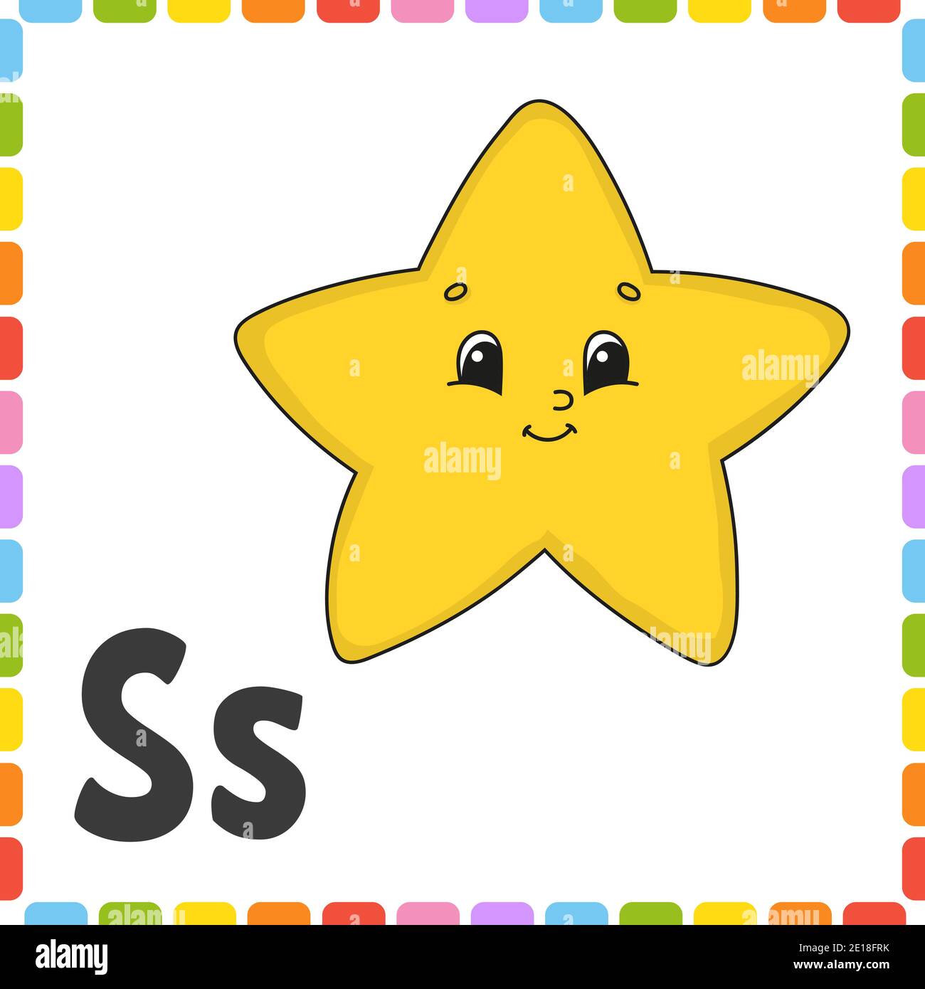 Funny alphabet. Letter S - star. ABC square flash cards. Cartoon ...