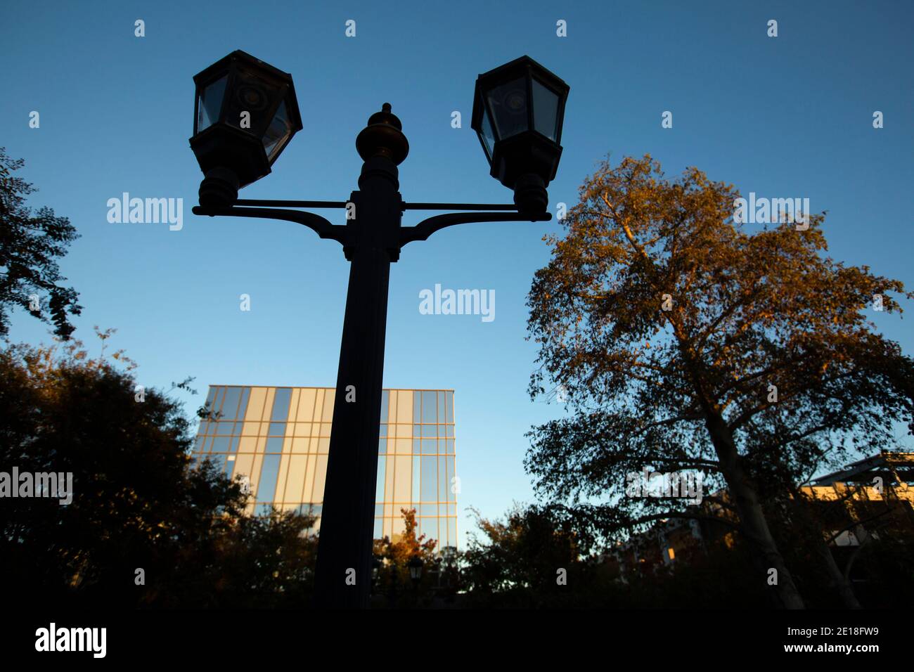 Sunset view of a historic lamp post in the heart of the Civic Center in ...