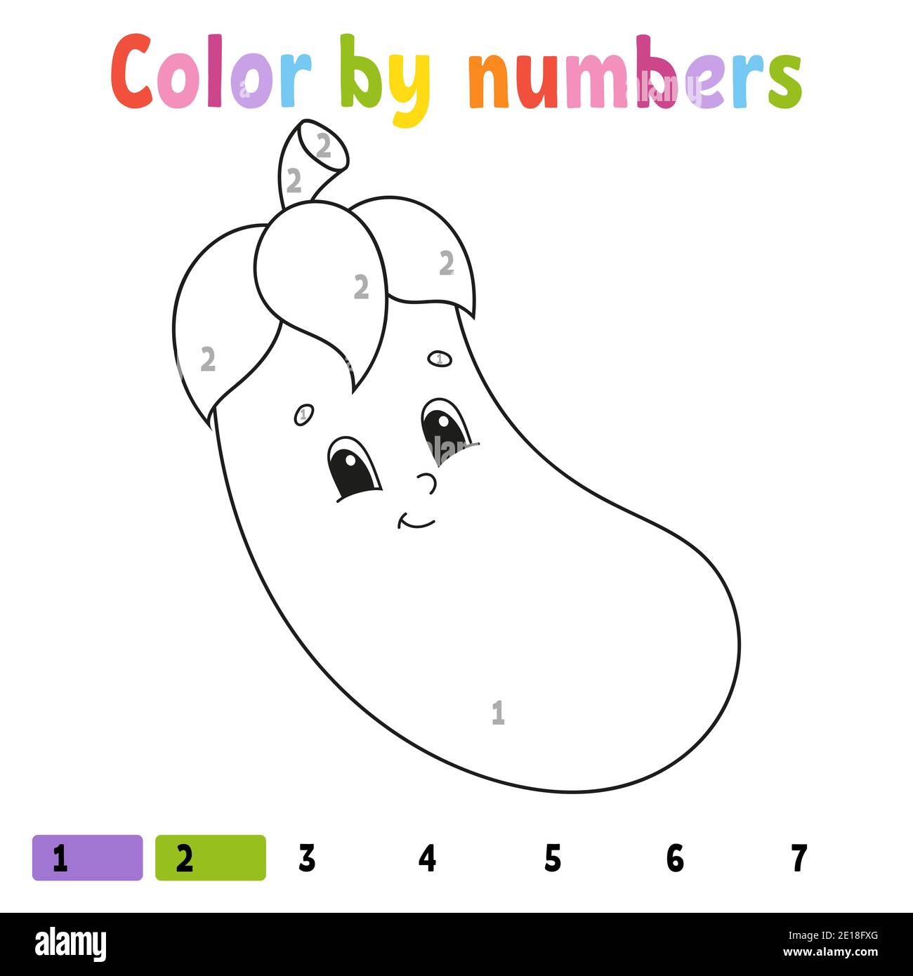 Color by numbers eggplant. Coloring book for kids. Vegetable character ...