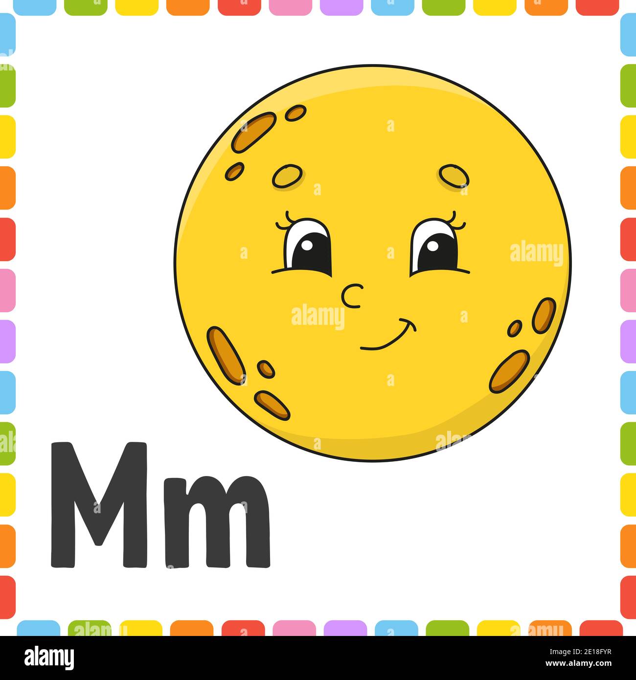 Funny alphabet. Letter M - moon. ABC square flash cards. Cartoon ...