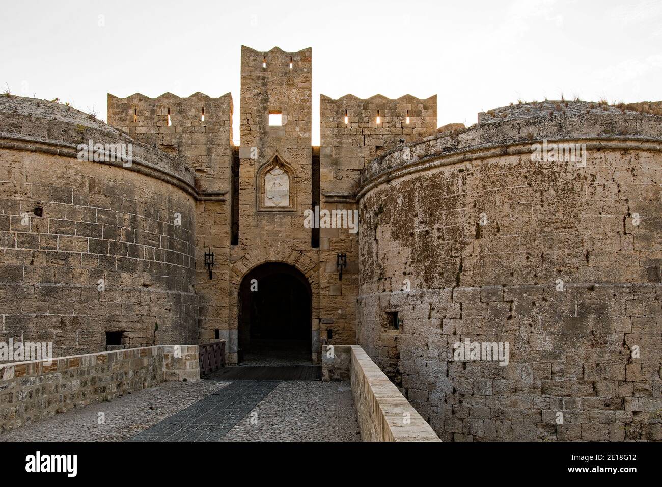 The historical Gate D'Amboise in the fortified medieval Rhodes Old Town ...