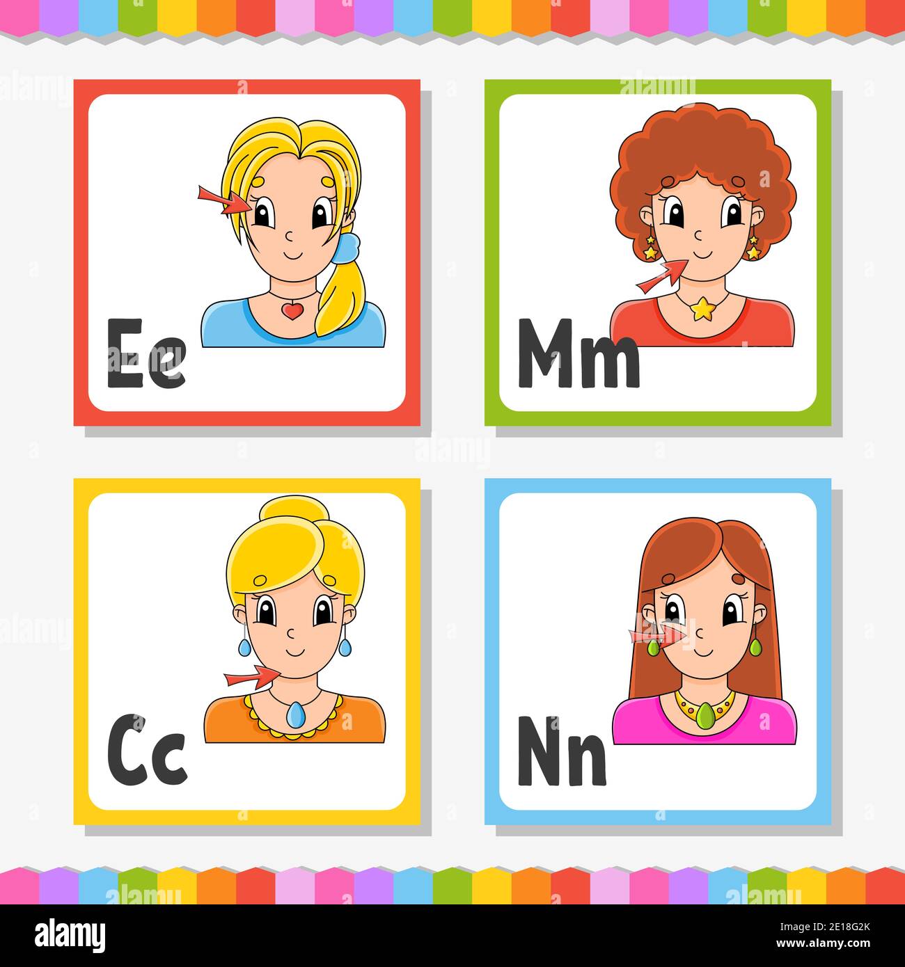 English alphabet. Letter E, M, C, N. ABC square flash cards. Cartoon ...