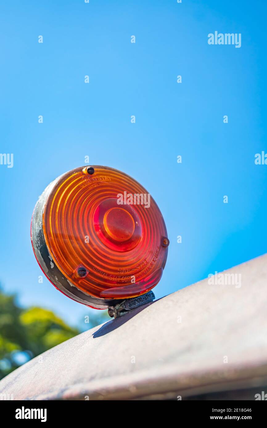 indicator closeup of 1950s truck roof mounted orange turn signal at ...
