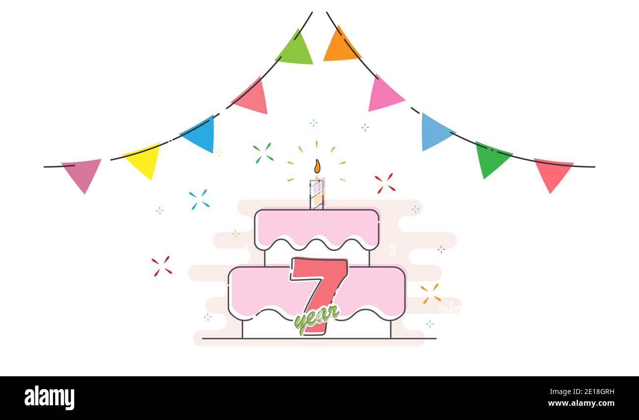 7 years. Cake with a candle and colored flags for congratulations on a ...