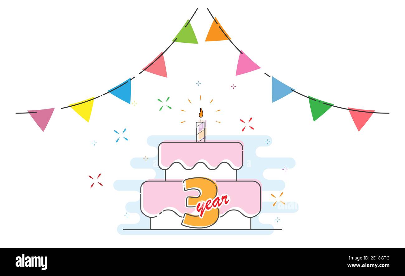 3 years. Cake with a candle and colored flags for congratulations on a ...