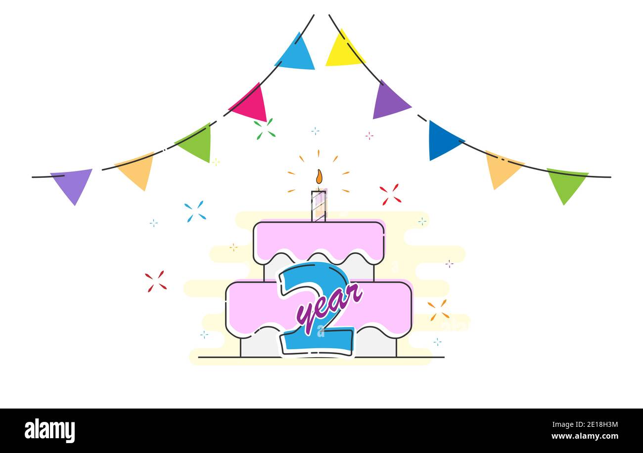 2 year. Cake with a candle and colored flags for congratulations on a ...