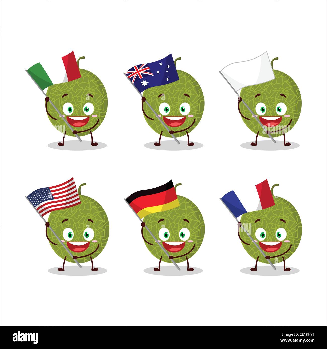Melon cartoon character bring the flags of various countries. Vector ...