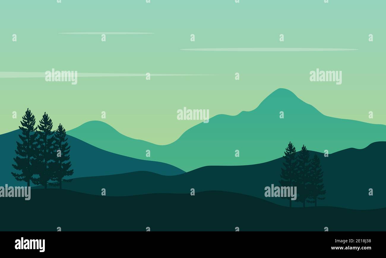 The beautiful scenery trees and mountains at sunrise in the morning ...