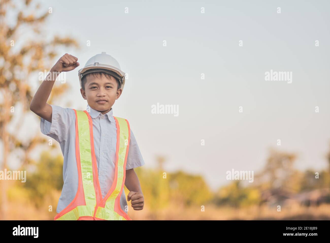 Boy white helmet hard hat safety showing hand up success,Engineering ...