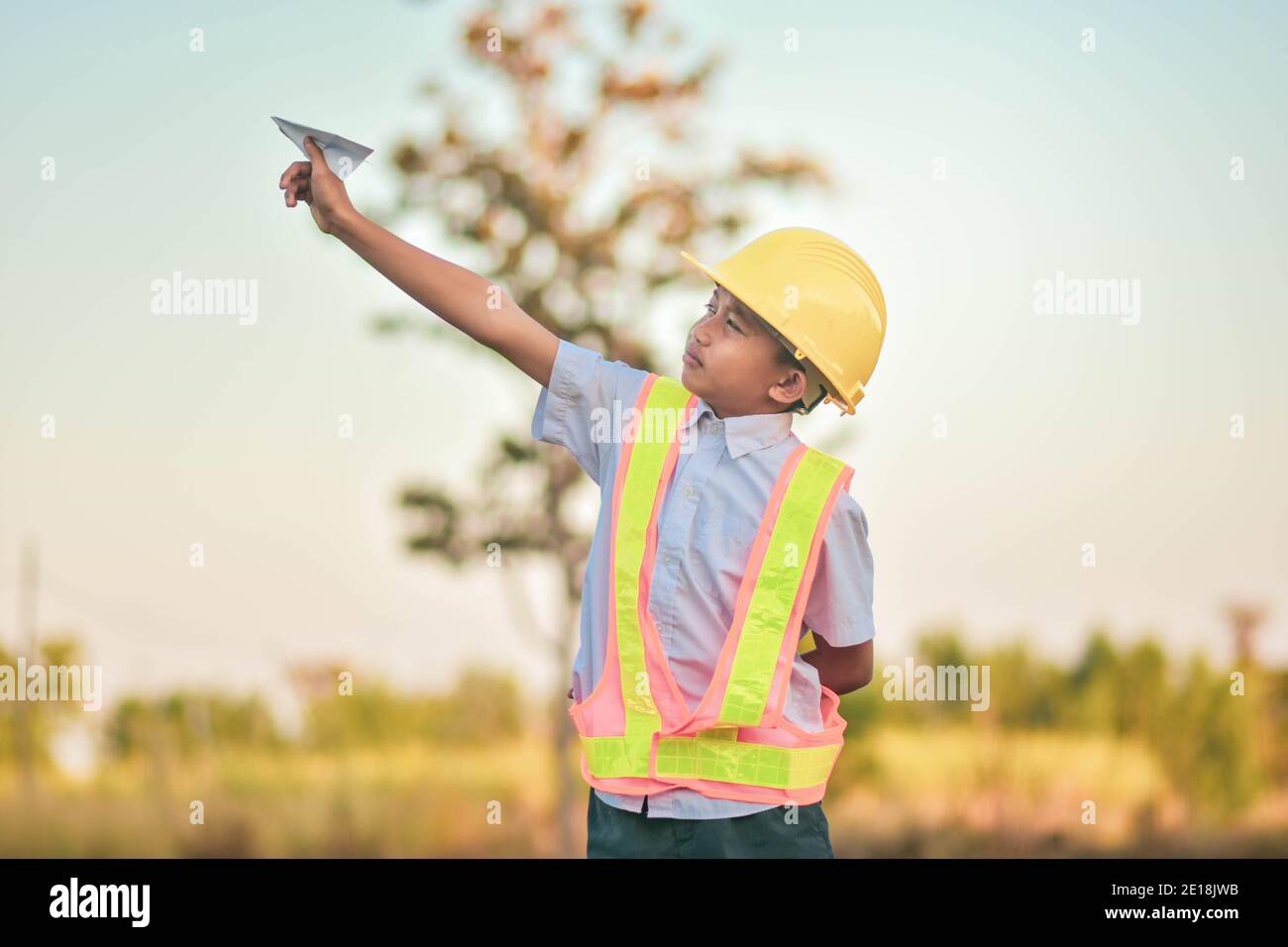 Boy Kid Engineer helmet Holding Air plane Dream to pilot Engineering ...