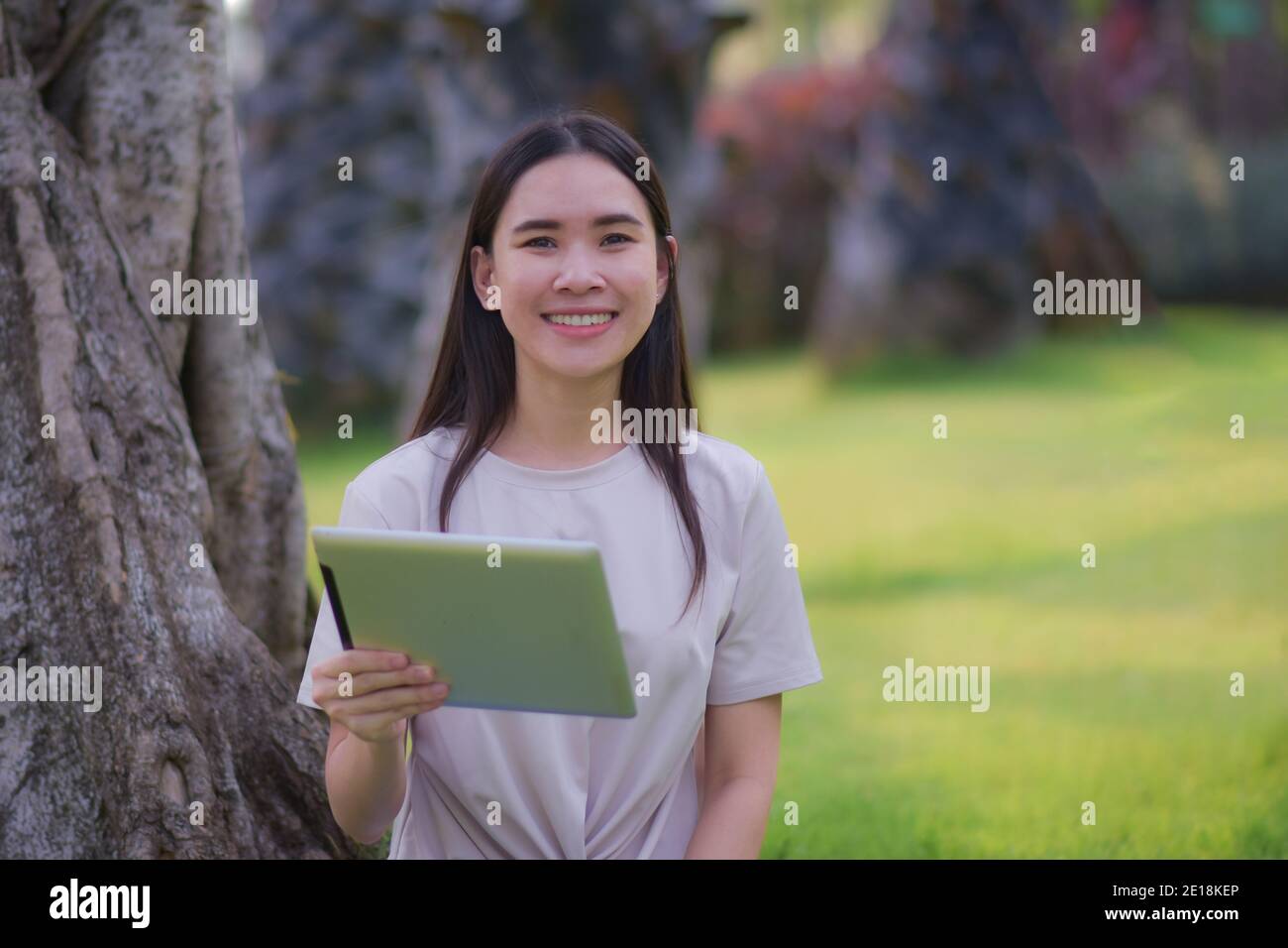 Beauty blogger happy excited with fan page follow on social media Stock ...