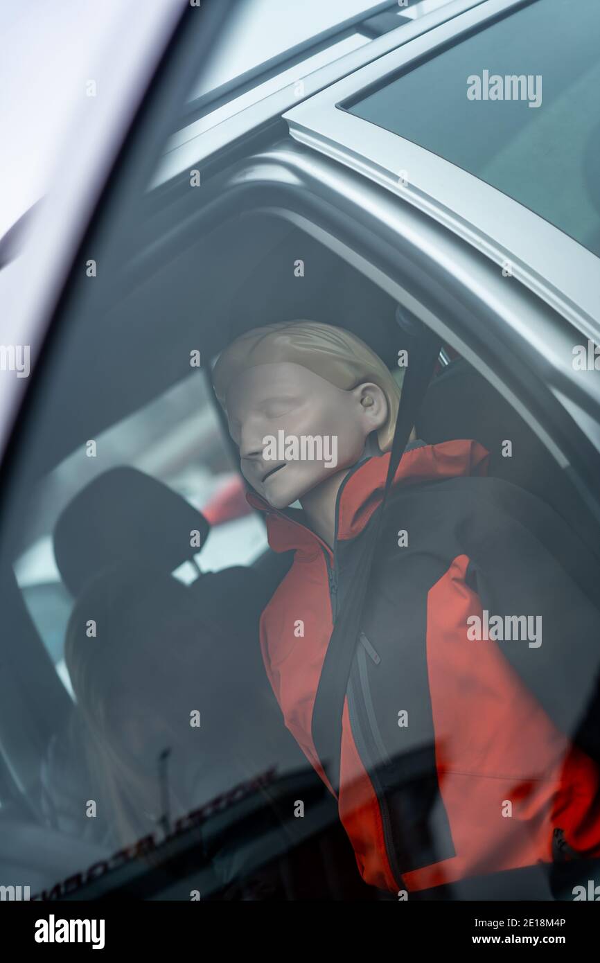Resuscitation model is sitting on the seat of the driver ready for ...