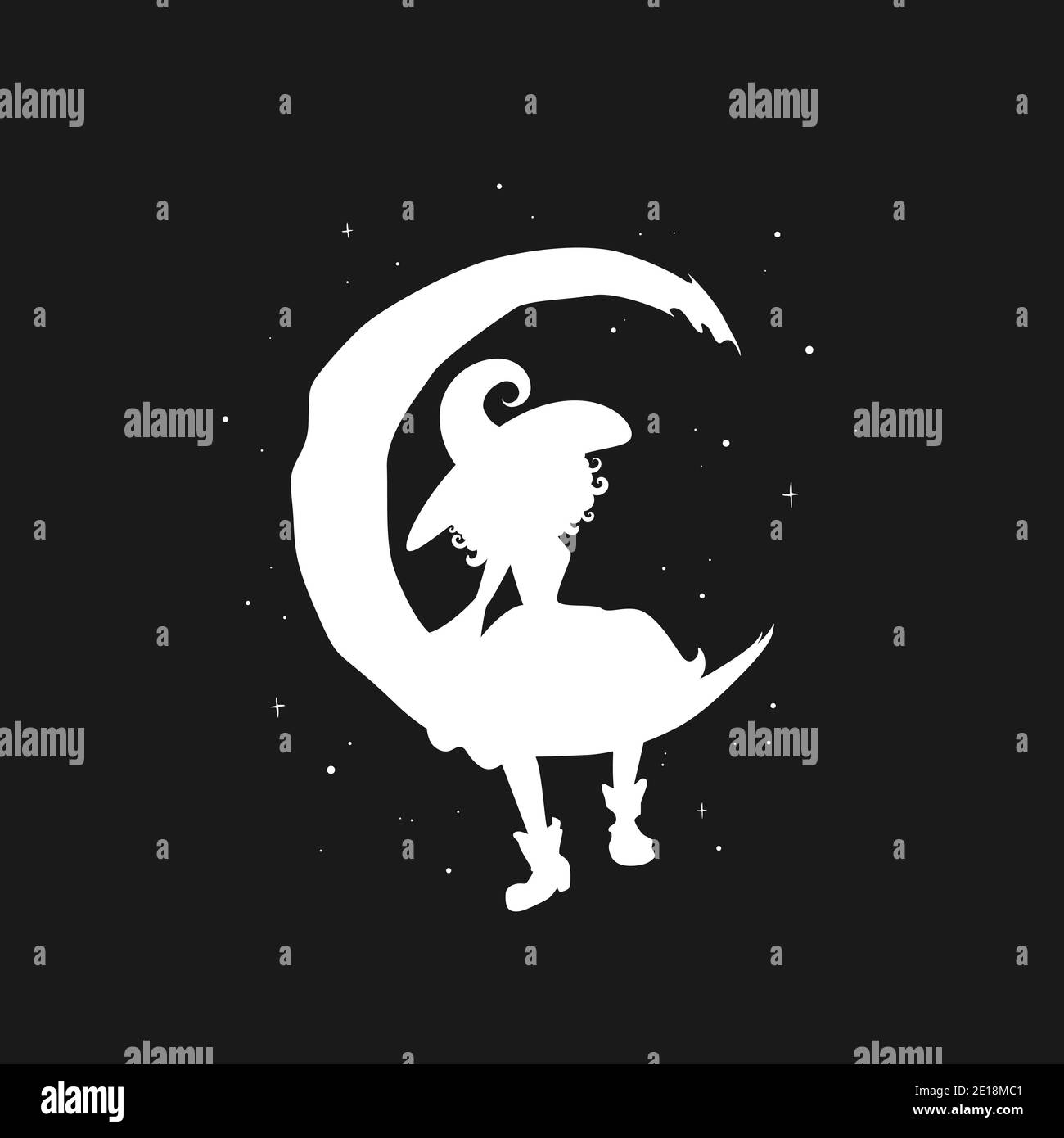 Witch sits on the crescent in the night sky. Half moon and stars and ...