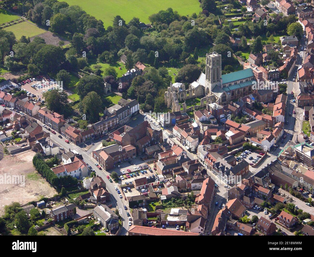 aerial view of Howden town centre including Howden Minster and Market ...