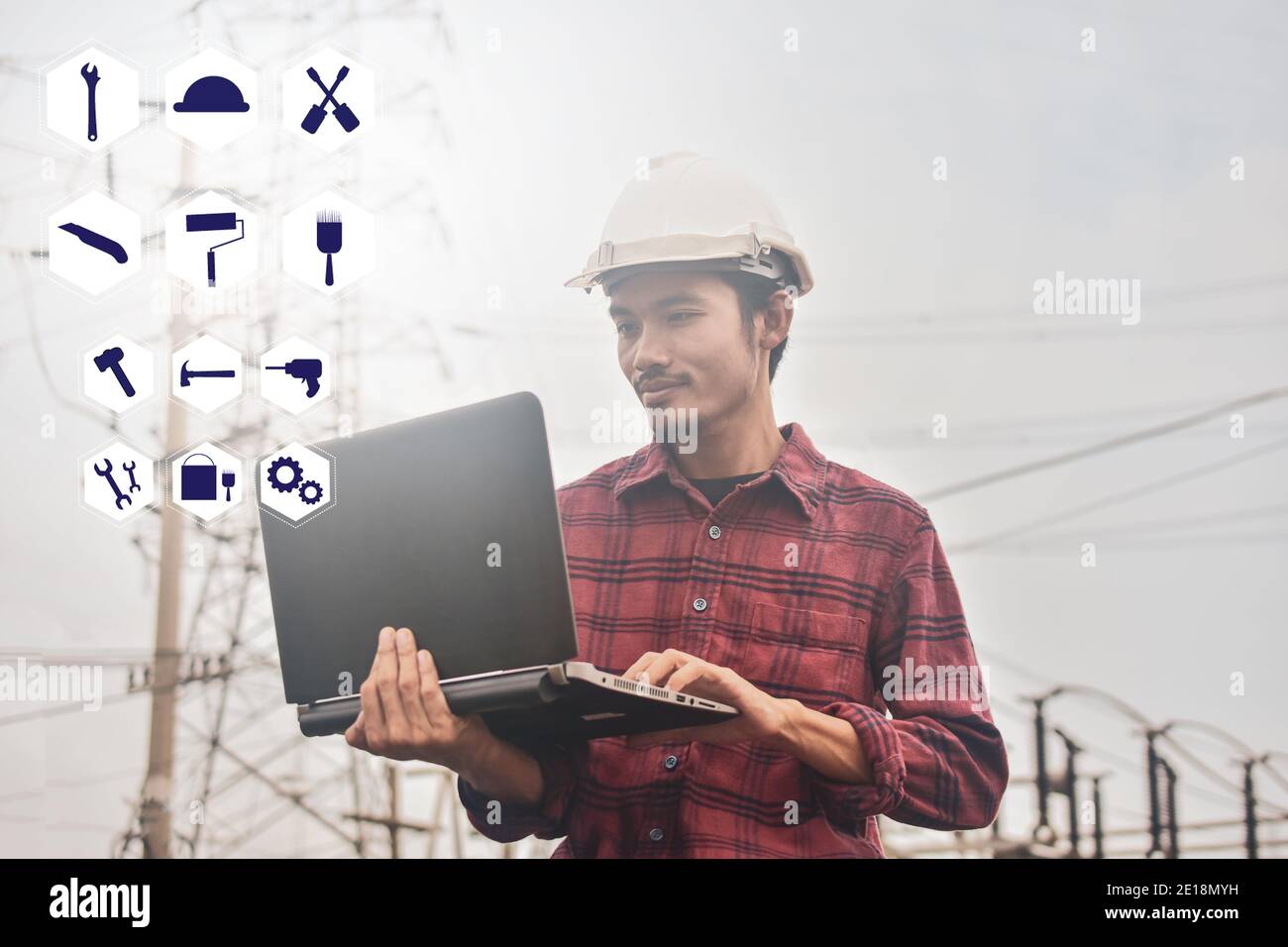 Engineering holding computer notebook laptop graphic tool application ...