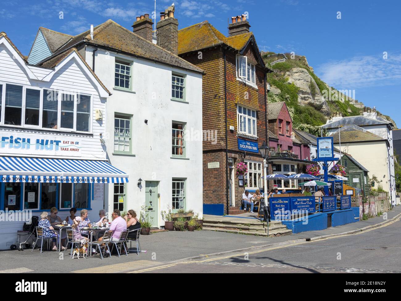 The Fish Hut and the Dolphin Inn on Hastings seafront in England, UK ...
