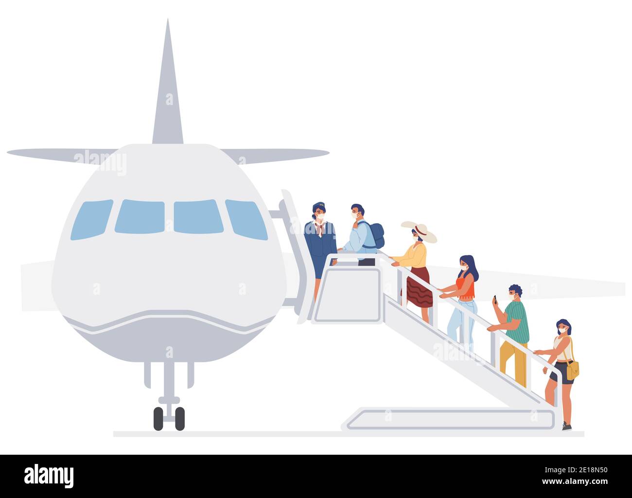 Passengers, stewardess wearing face masks during boarding procedure ...