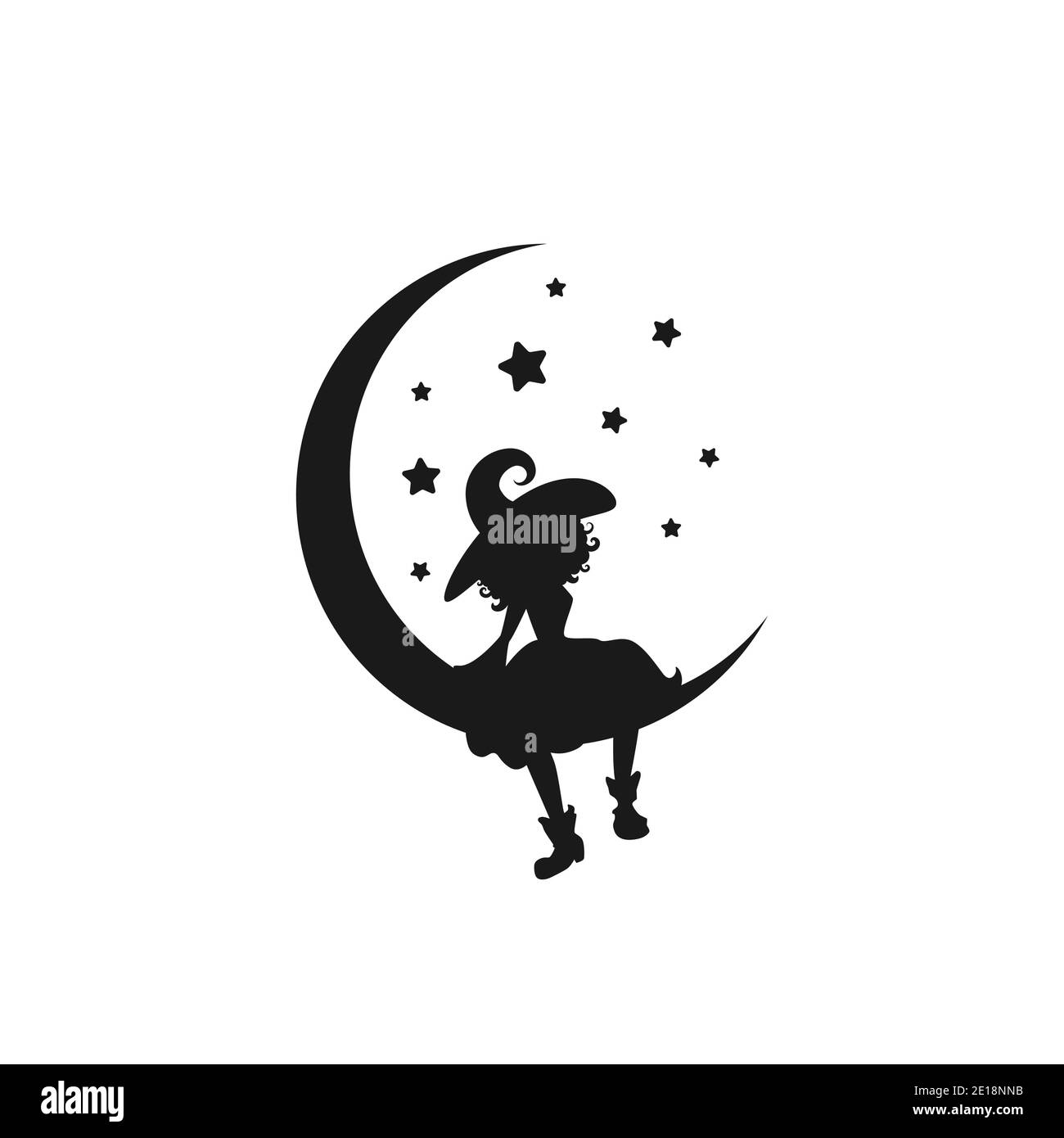 Black witch sits on the crescent in the night sky. Half moon and stars ...