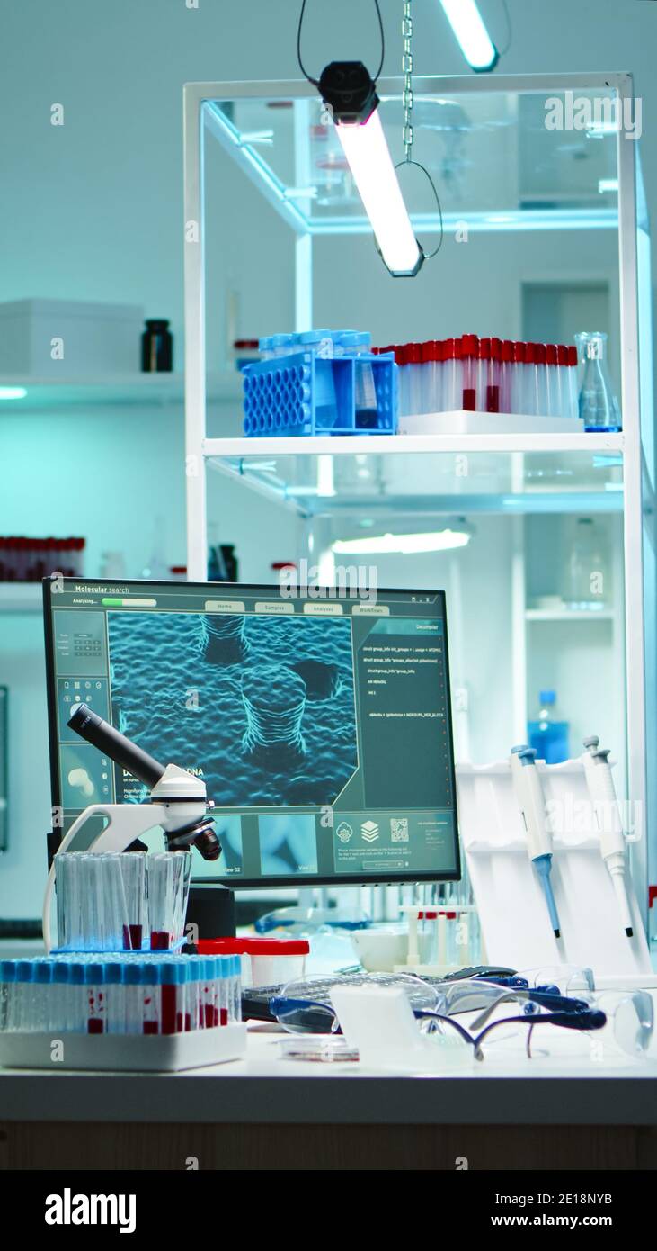 Interior of modern science laboratory with no people prepared for ...