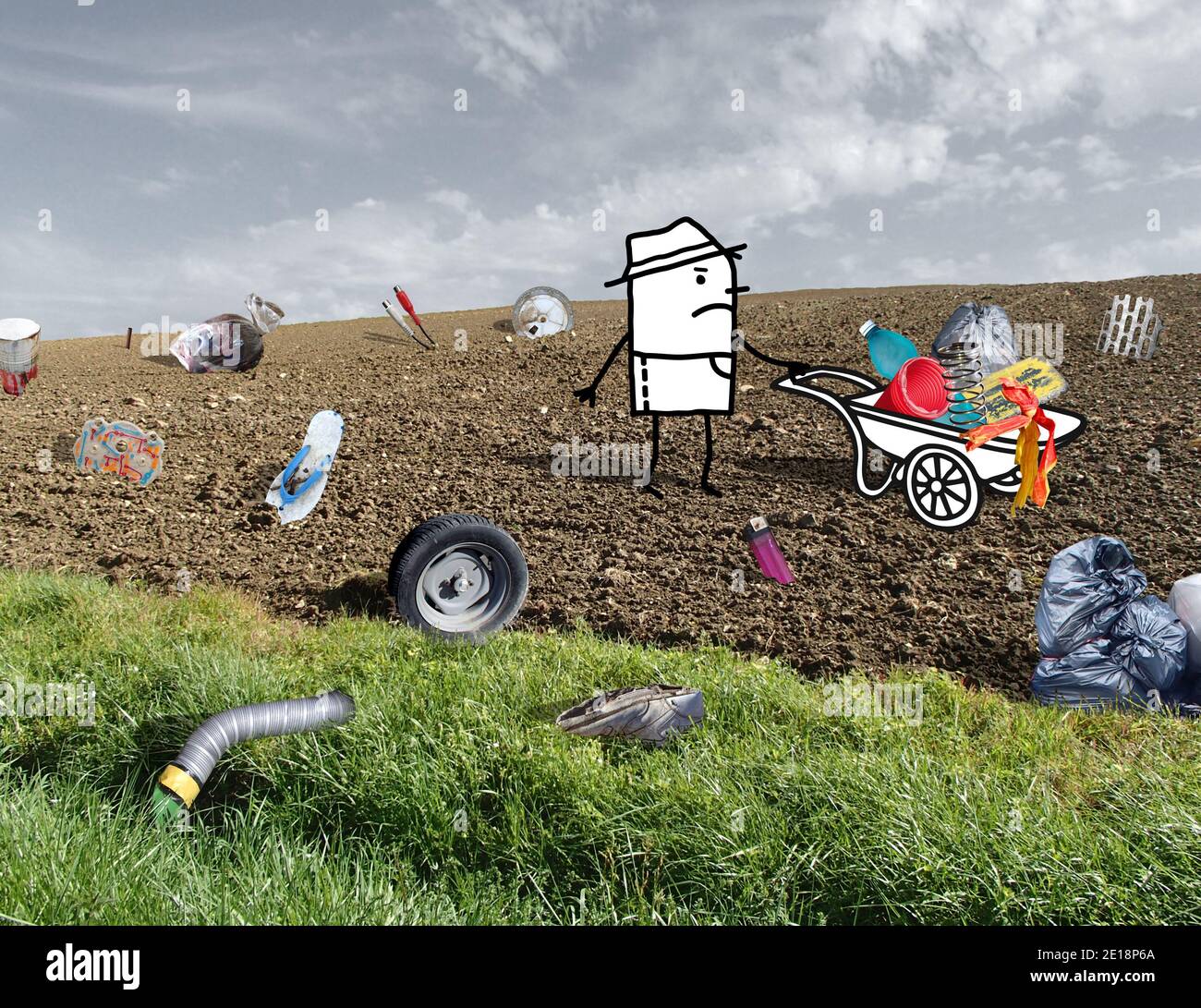 Hand drawn Cartoon Farmer with a Wheelbarrow in a Polluted Field ...