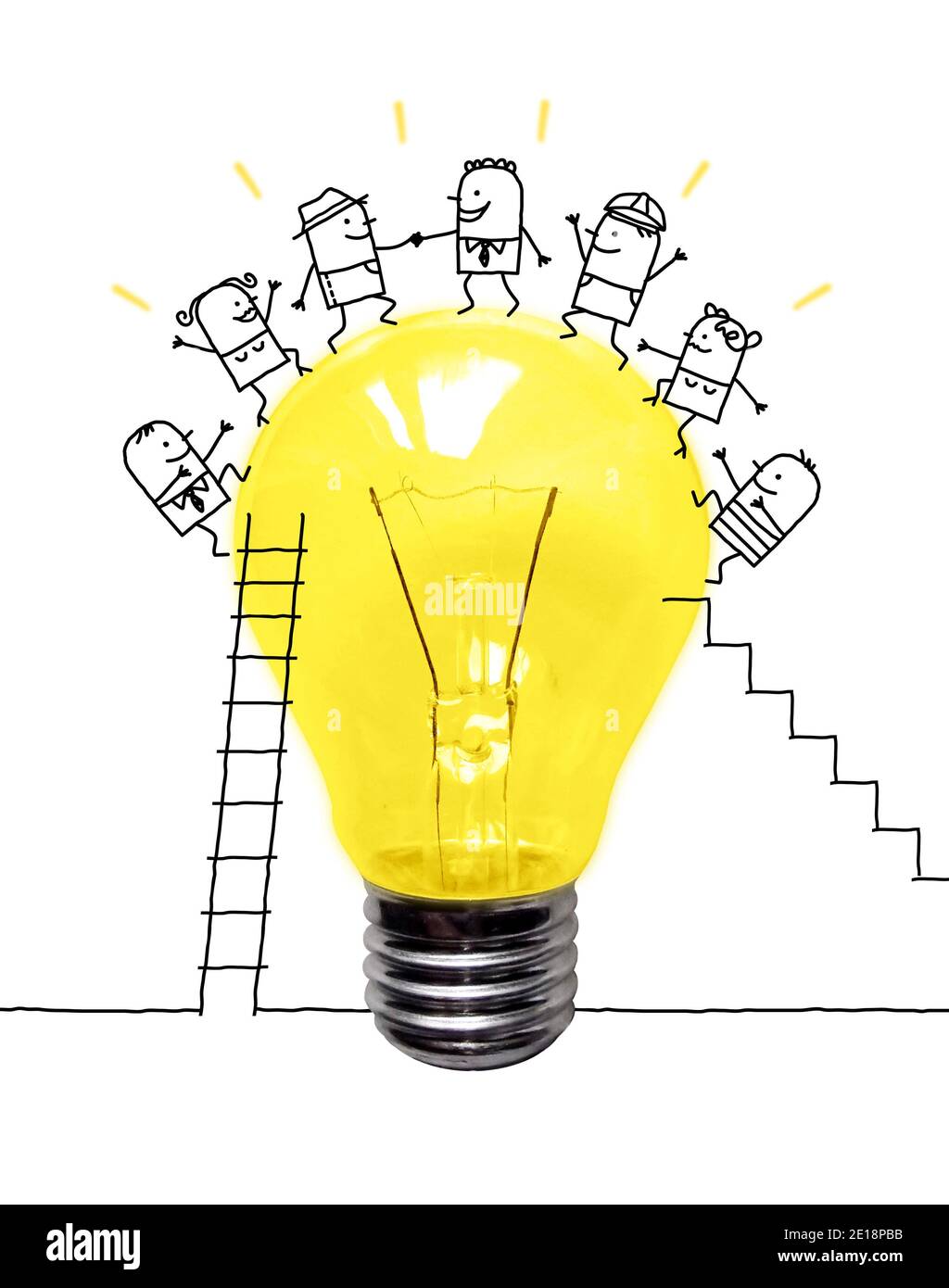 Hand drawn Cartoon People on the top of a big Yellow light Bulb Stock ...