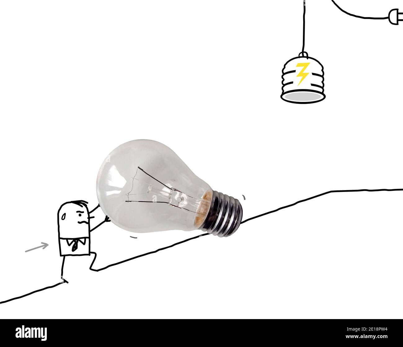Hand drawn Cartoon Business Man Pushing Up a big gray Light Bulb to a ...
