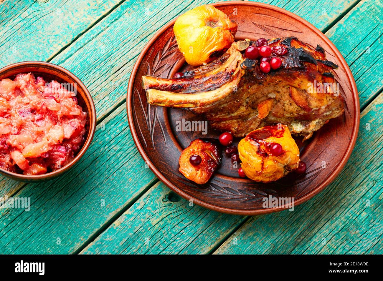 Grilled meat barbecue steak with quince.Delicious fried meat Stock ...