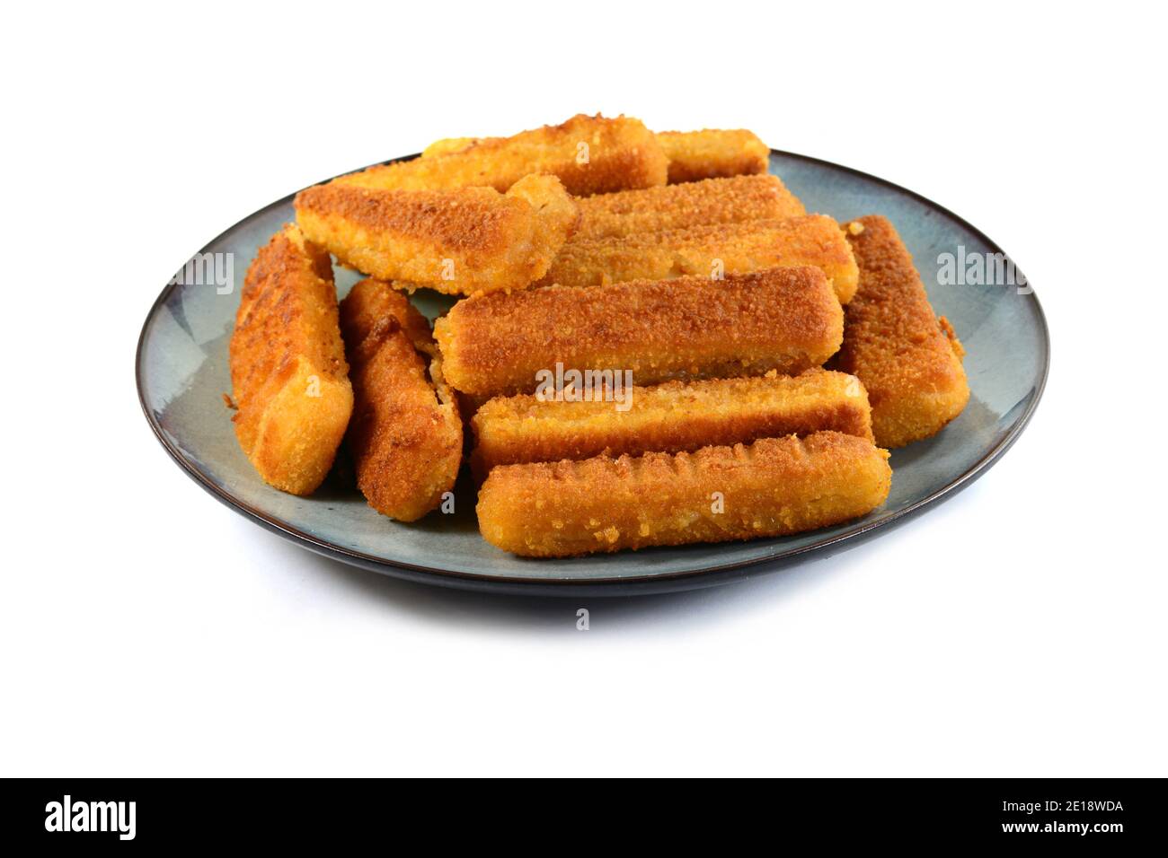 Fish fingers on plate isolated on white background Stock Photo - Alamy