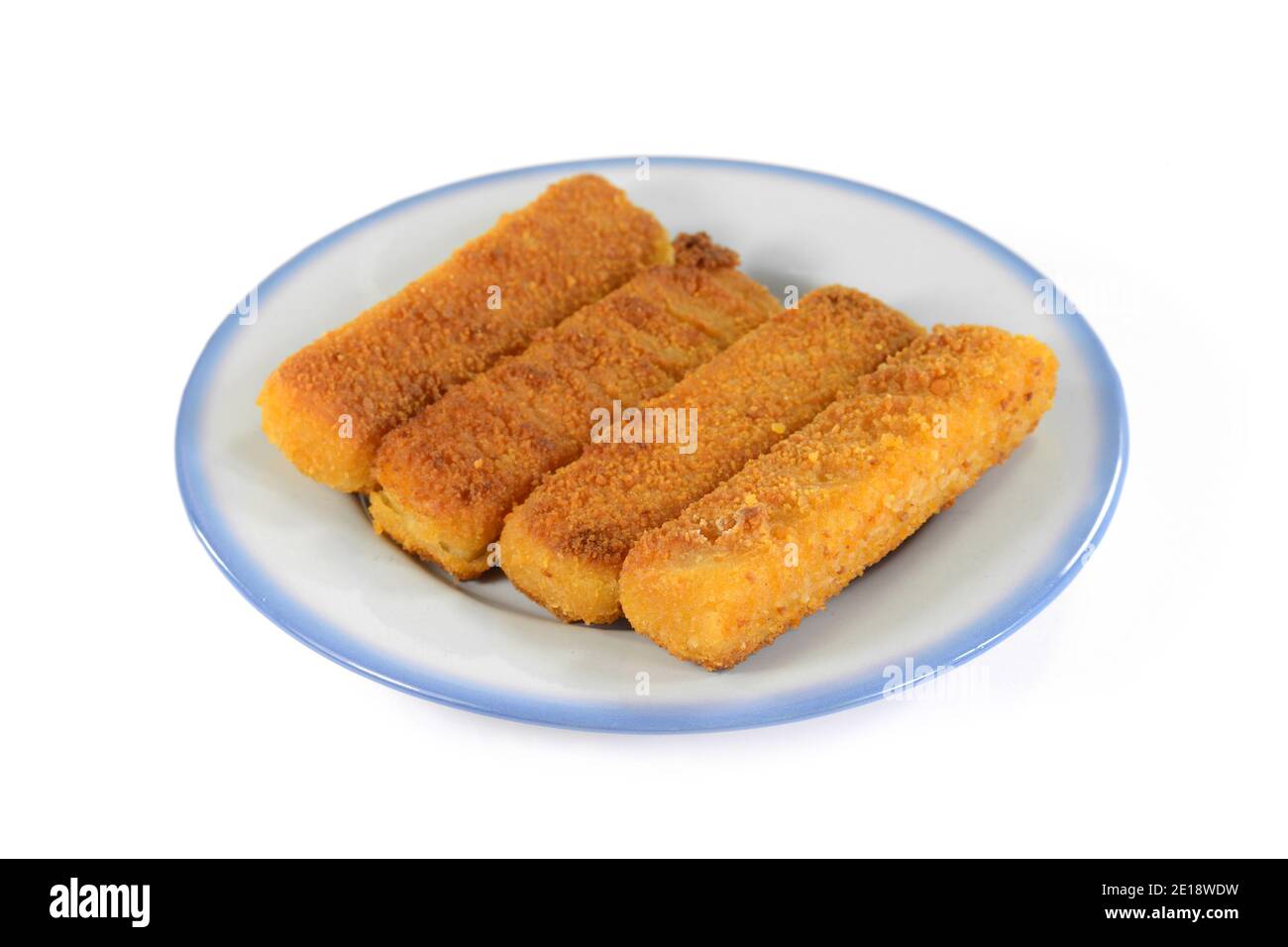 Fish fingers on plate isolated on white background Stock Photo - Alamy