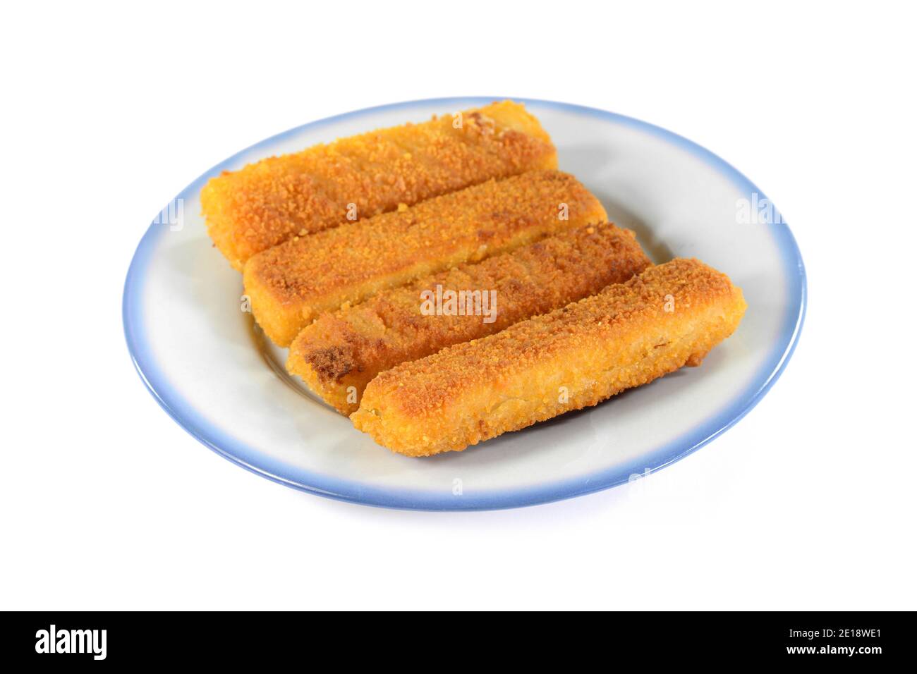 Fish fingers on plate isolated on white background Stock Photo - Alamy