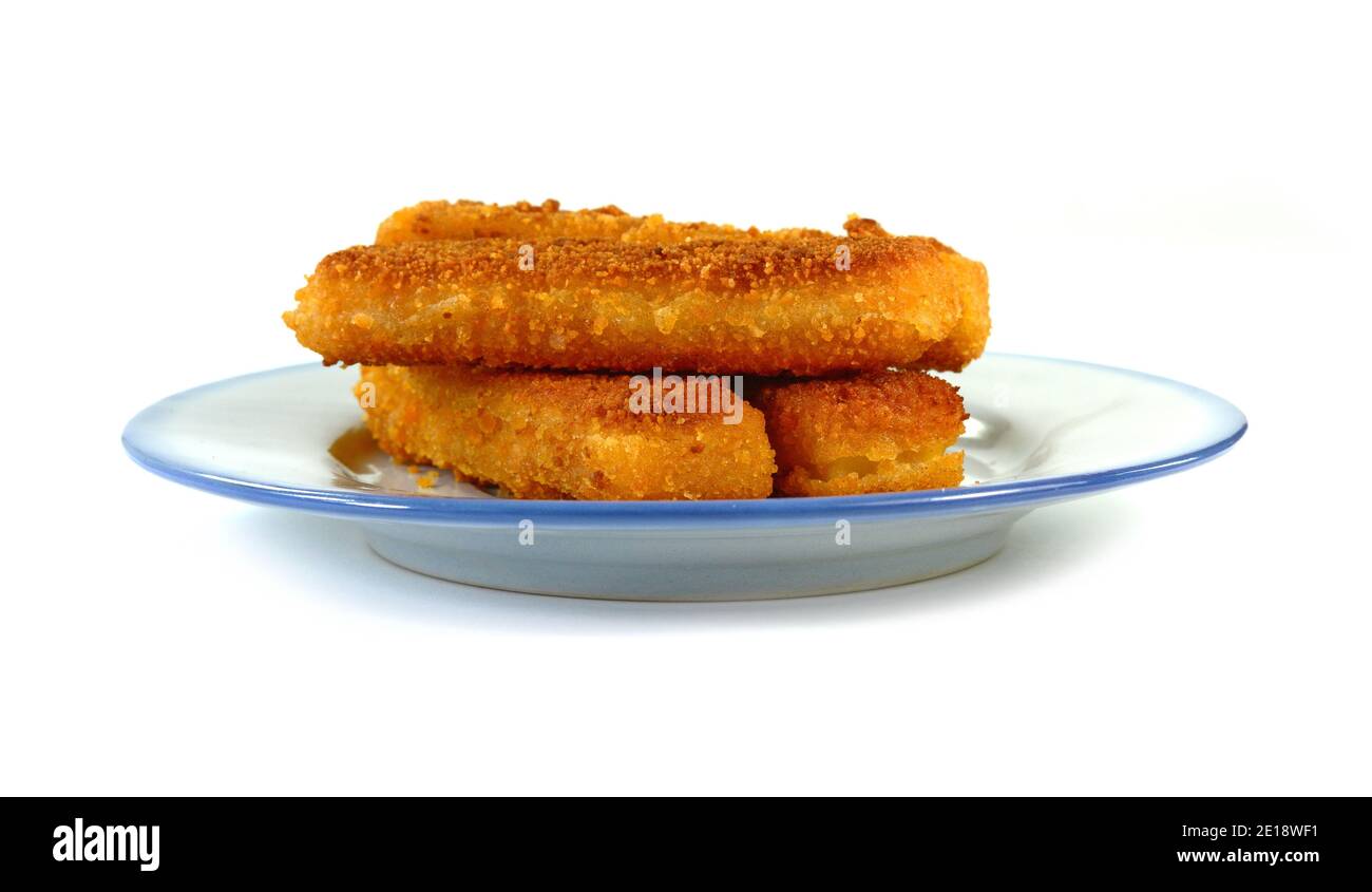 Fish fingers on plate isolated on white background Stock Photo - Alamy