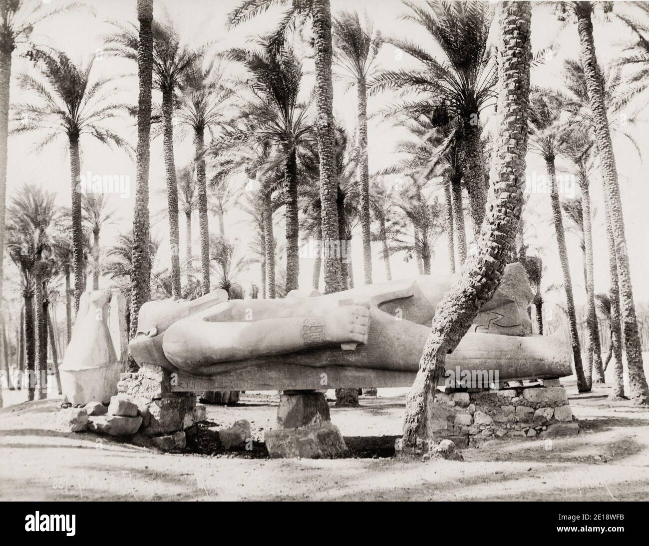 Vintage 19th century photograph - fallen statue of Ramses II at Memphis ...