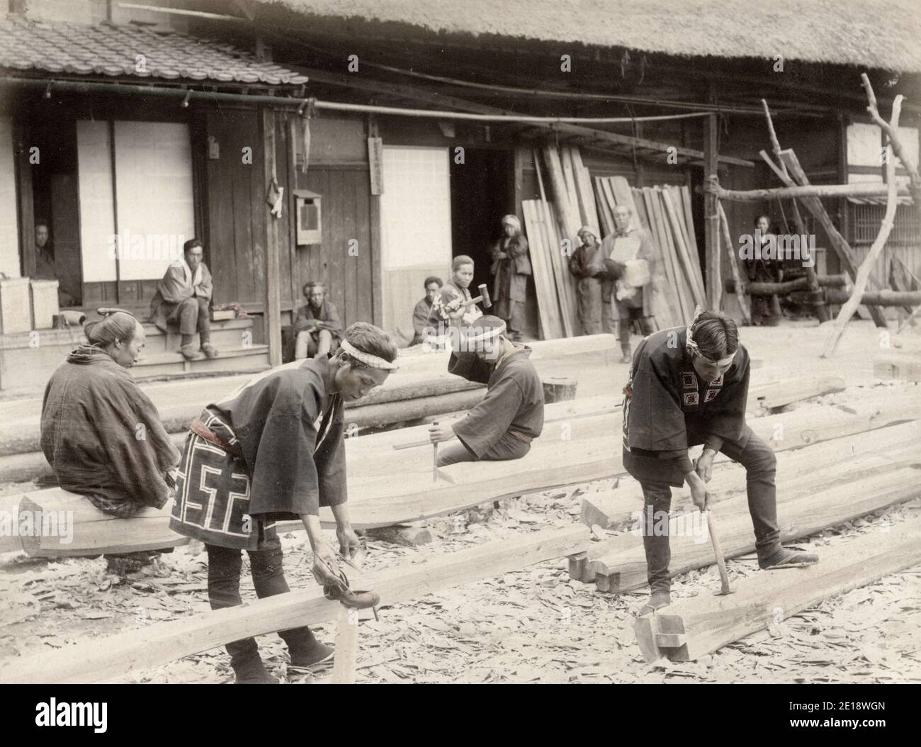 Vintage 19th century photograph - Meiji era Japan: carpenters at work ...
