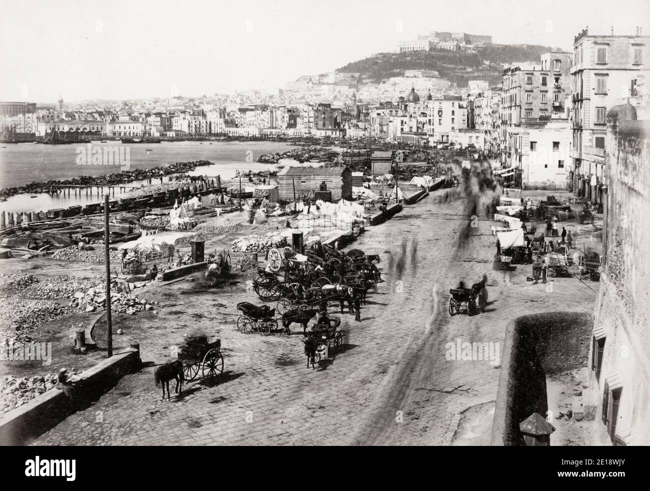 Vintage 19th century photograph - busy scene in the harbour at Naples ...