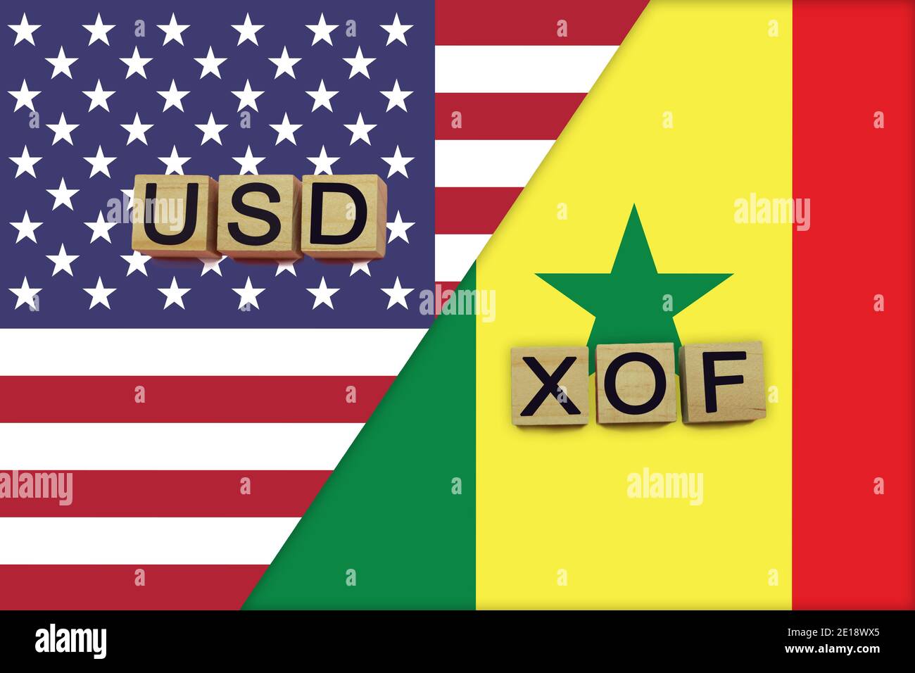 USA and Senegal currencies codes on national flags background ...