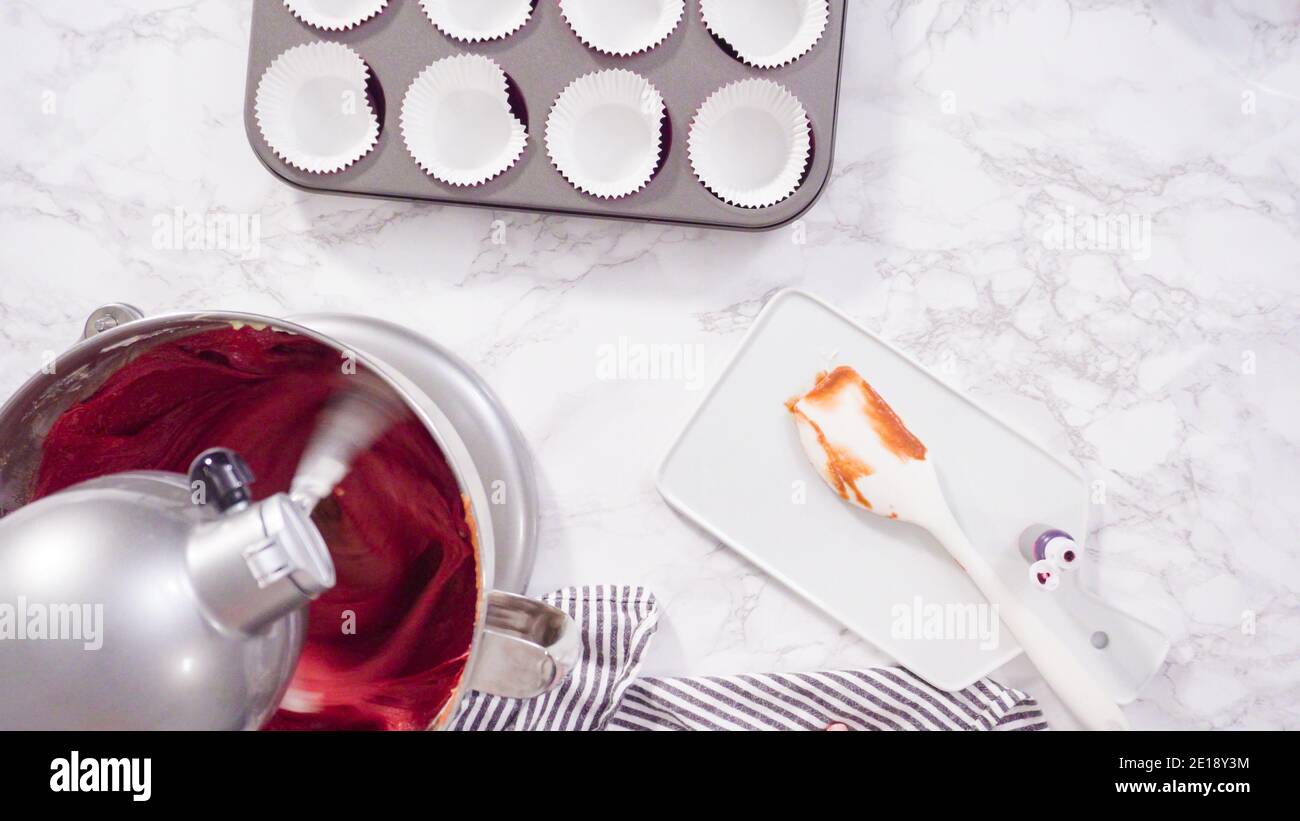 Flat lay. Step by step. Mixing ingredients in a standing kitchen mixer ...