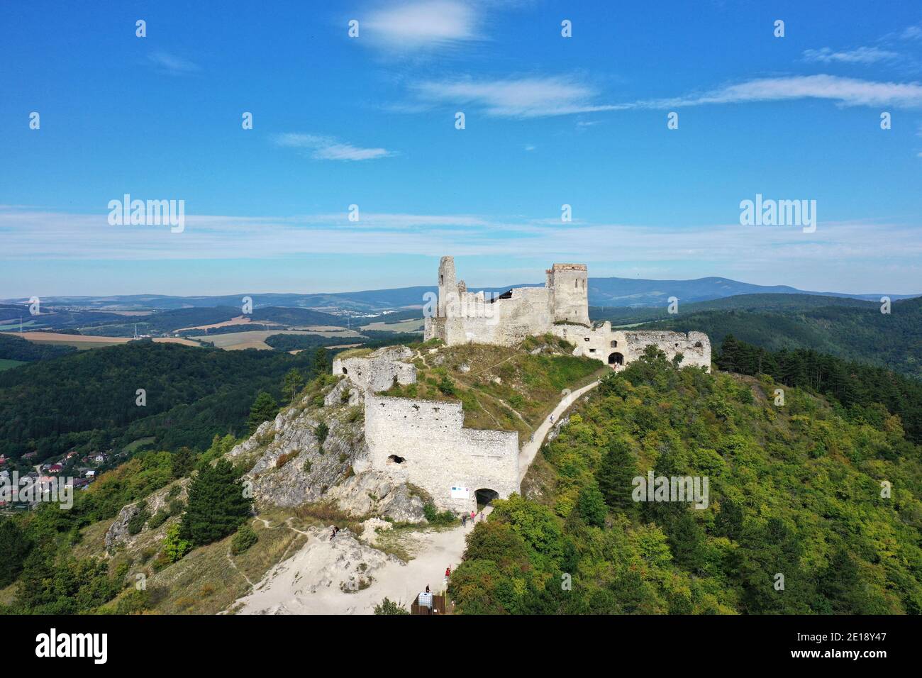 Aerial view of Cachtice Castle in the village of Cachtice in Slovakia ...