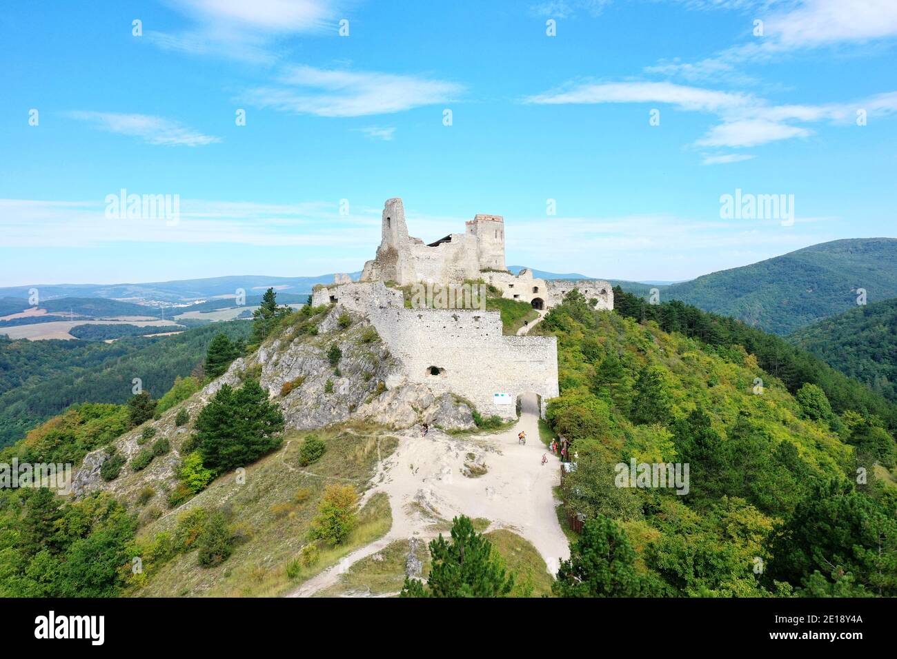 Aerial view of Cachtice Castle in the village of Cachtice in Slovakia ...