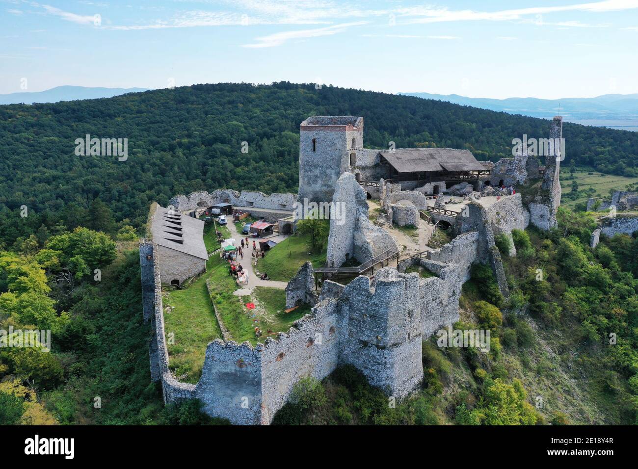Aerial view of Cachtice Castle in the village of Cachtice in Slovakia ...