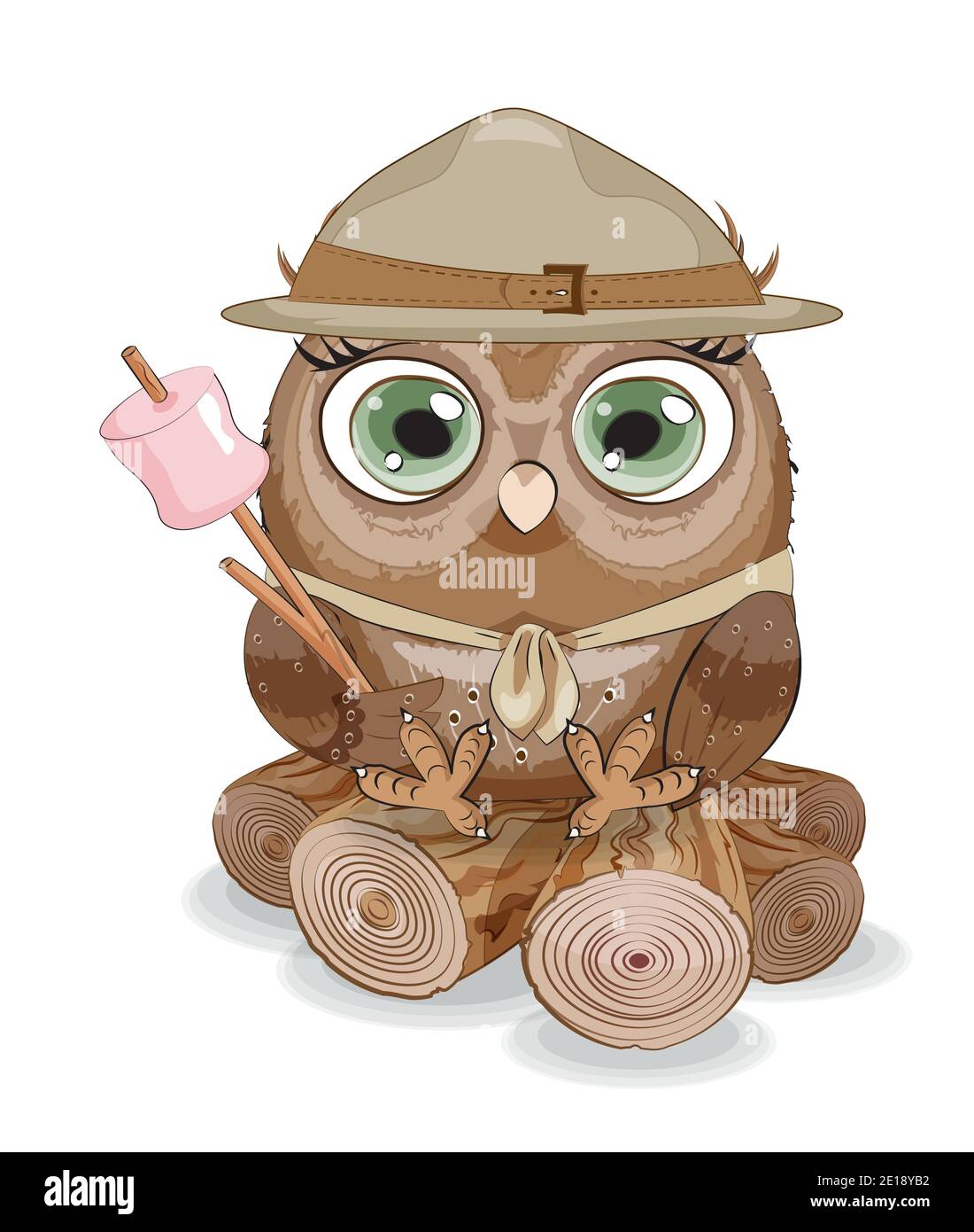 Cute vector owl scout in hat with marshmallows on stick on logs ...