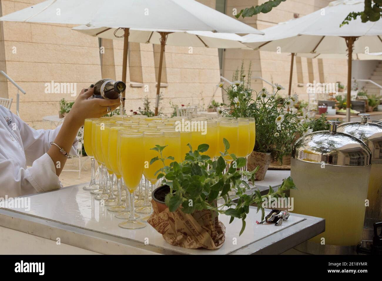 Preparing Mimosa Cocktails for brunch buffet Stock Photo - Alamy