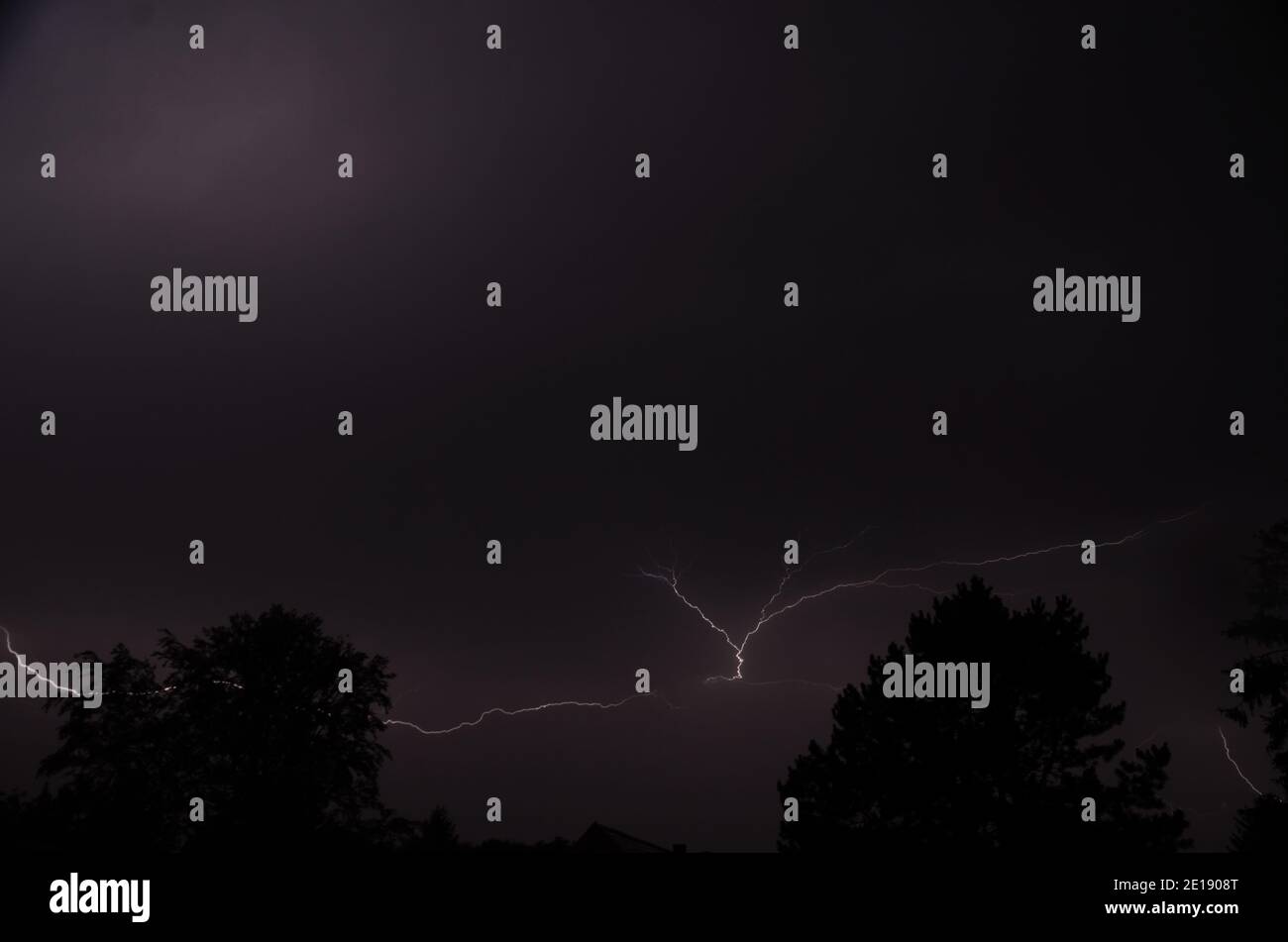 strong horizontal lightning in the night between trees Stock Photo - Alamy