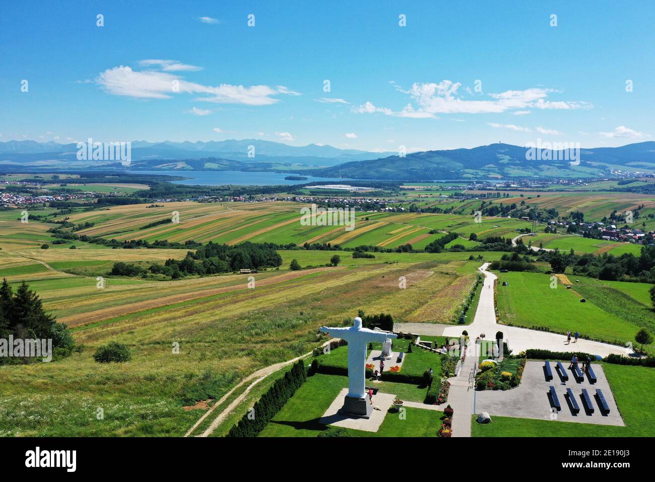Aerial view of the statue of Jesus in the village of Klin n Slovakia ...