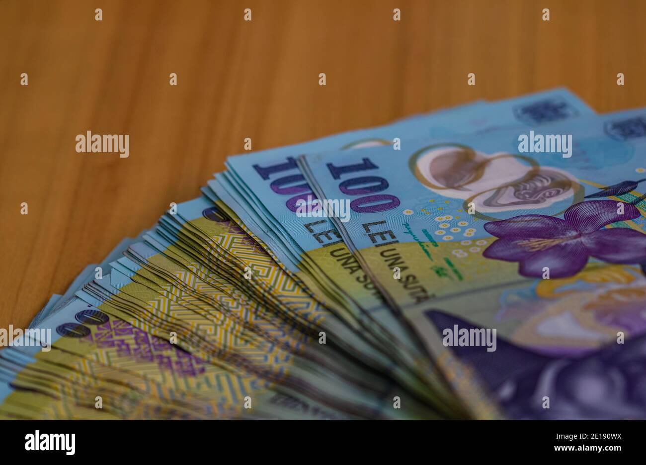 Selective focus on stack of LEI romanian money. Lei banknotes isolated ...