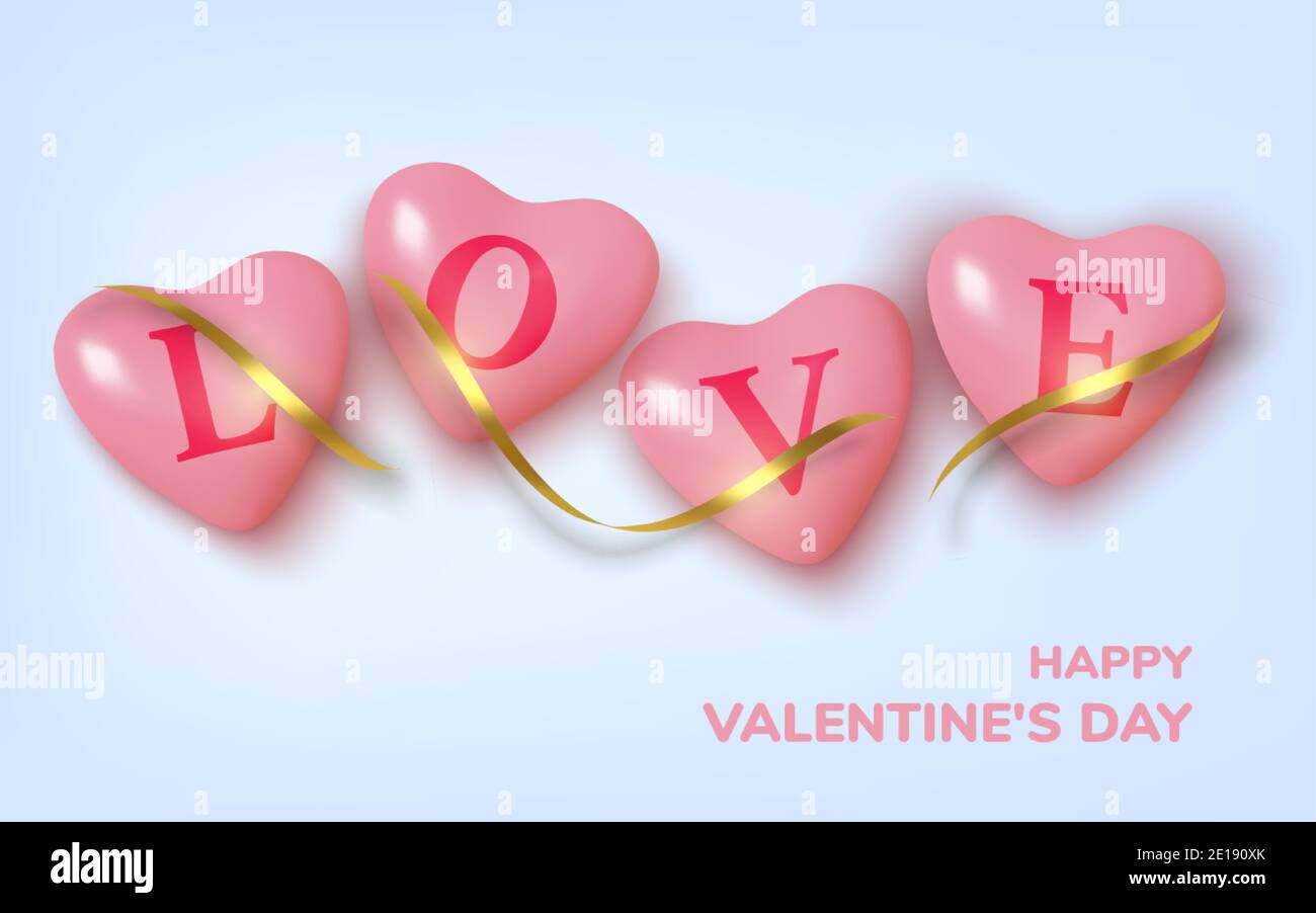 Valentines Day greeting card. Realistic 3d pink hearts in tinsel and ...