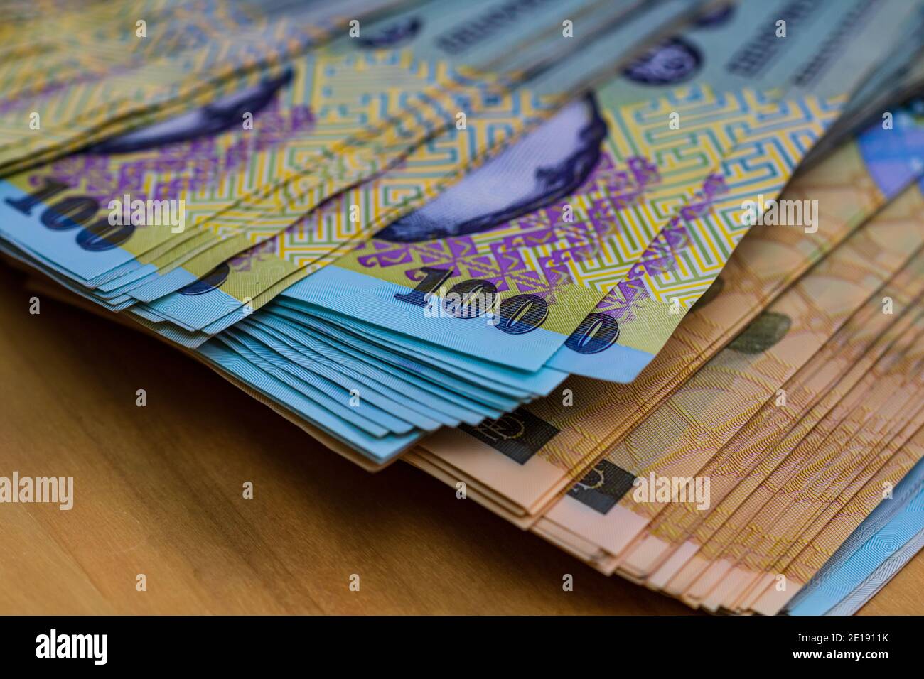 Selective focus on stack of LEI romanian money. Lei banknotes isolated ...