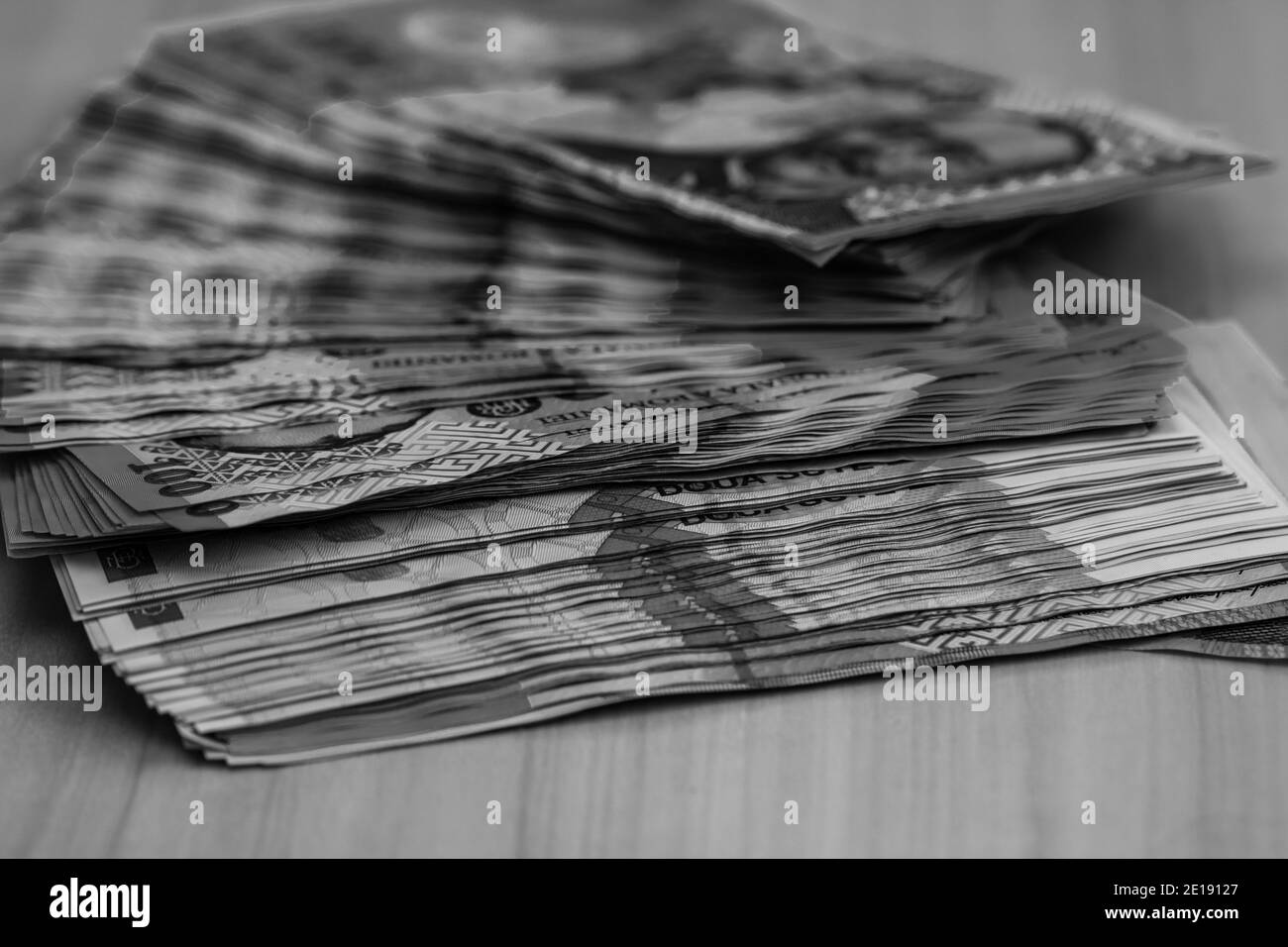 Selective focus on stack of LEI romanian money. Lei banknotes isolated ...