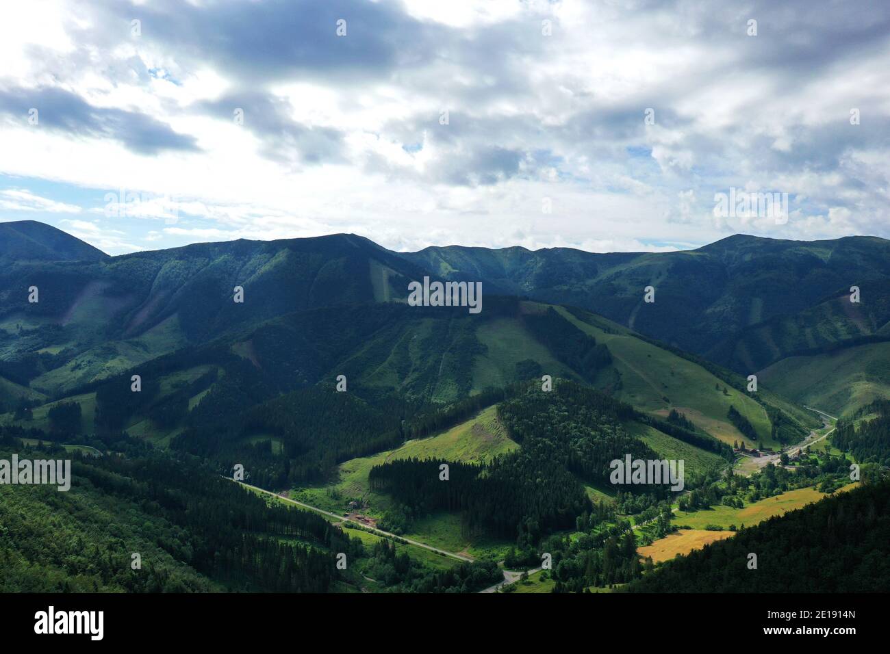 Aerial view of the Mala Fatra mountains in the village of Terchova in ...